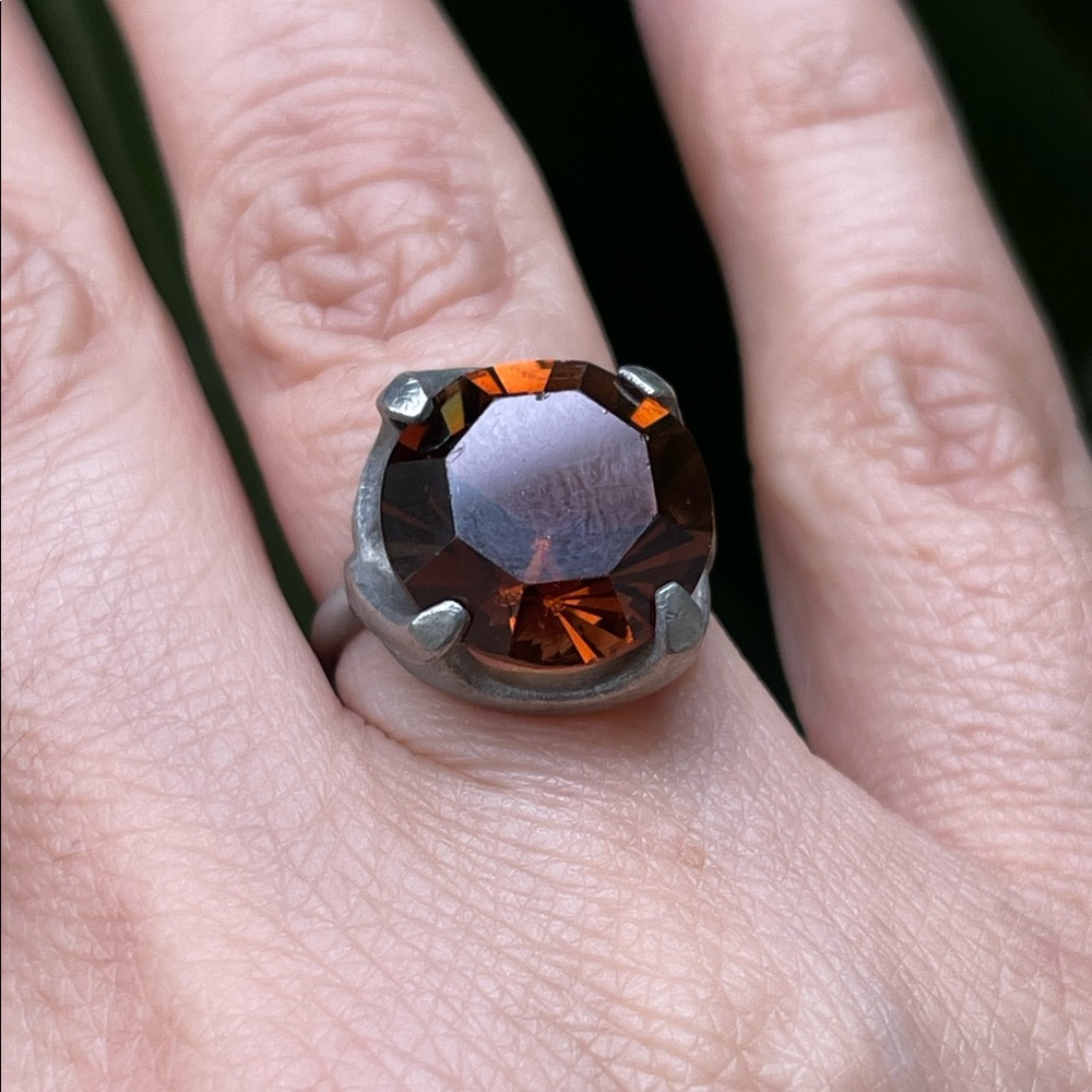 Vintage Burnt Orange Crystal Pewter Ring - Gem